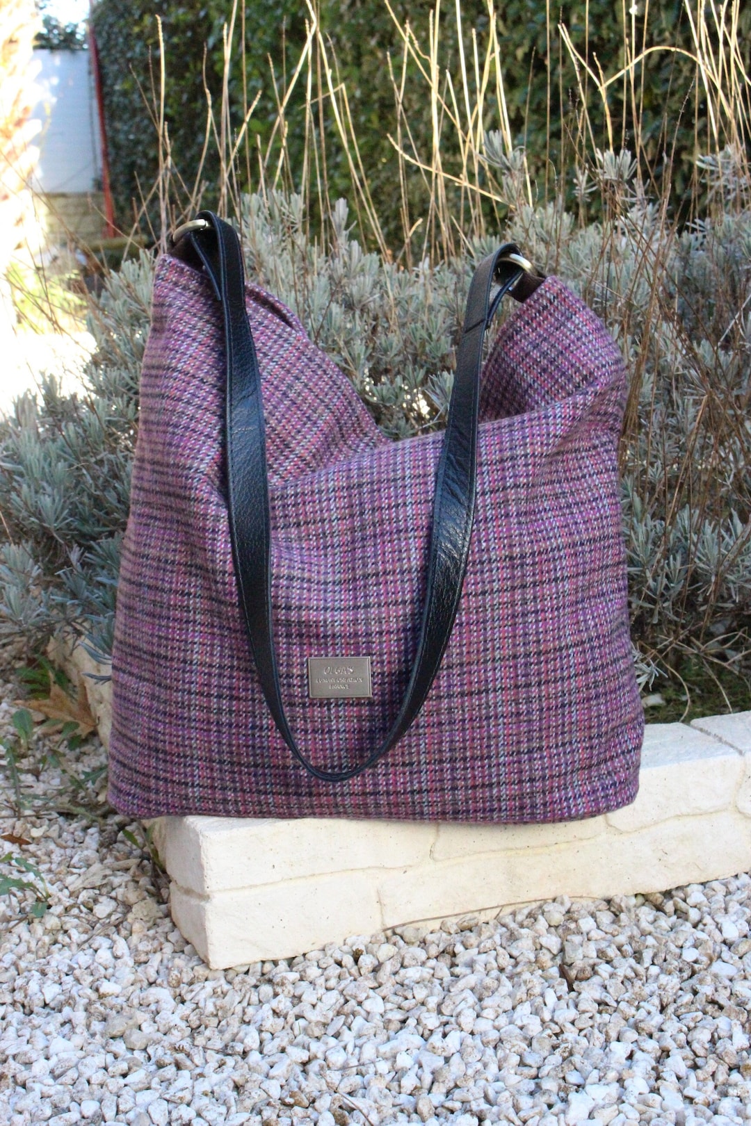 Wool Bag With Leather Shoulder Strap Purple Tweed Handbag Womans Plaid ...
