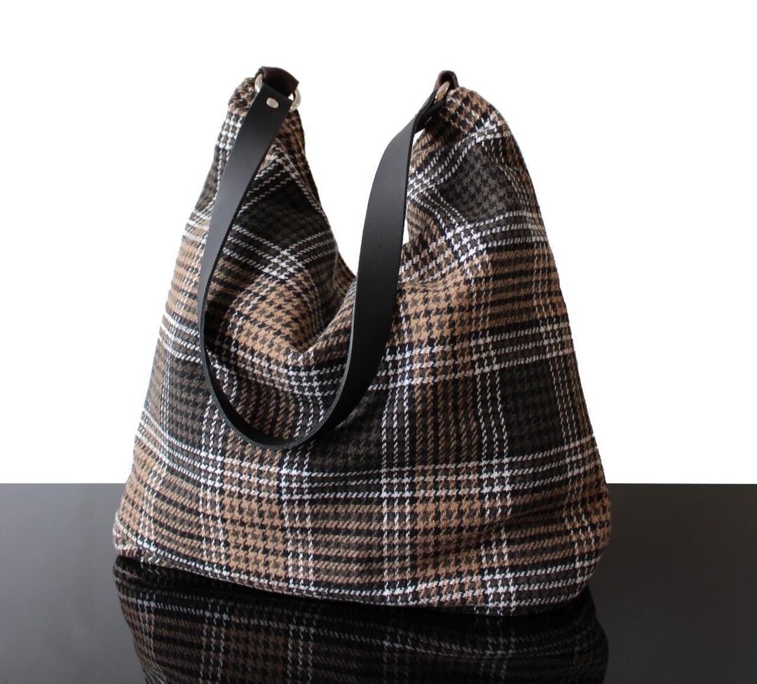 Plaid Wool Shoulder Bag Tote Bag Wool and Leather Tartan Brown Handbag ...