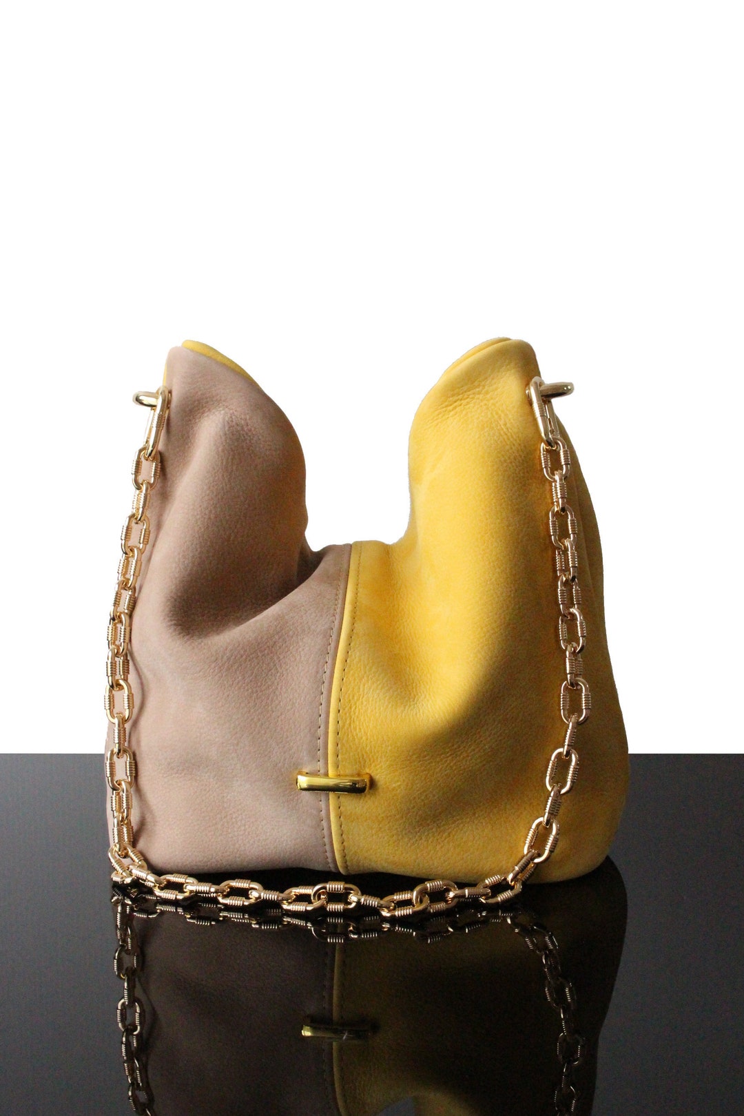 Leather Bucket Bag Yellow Butternut Gold Chain Evening Bag Small ...