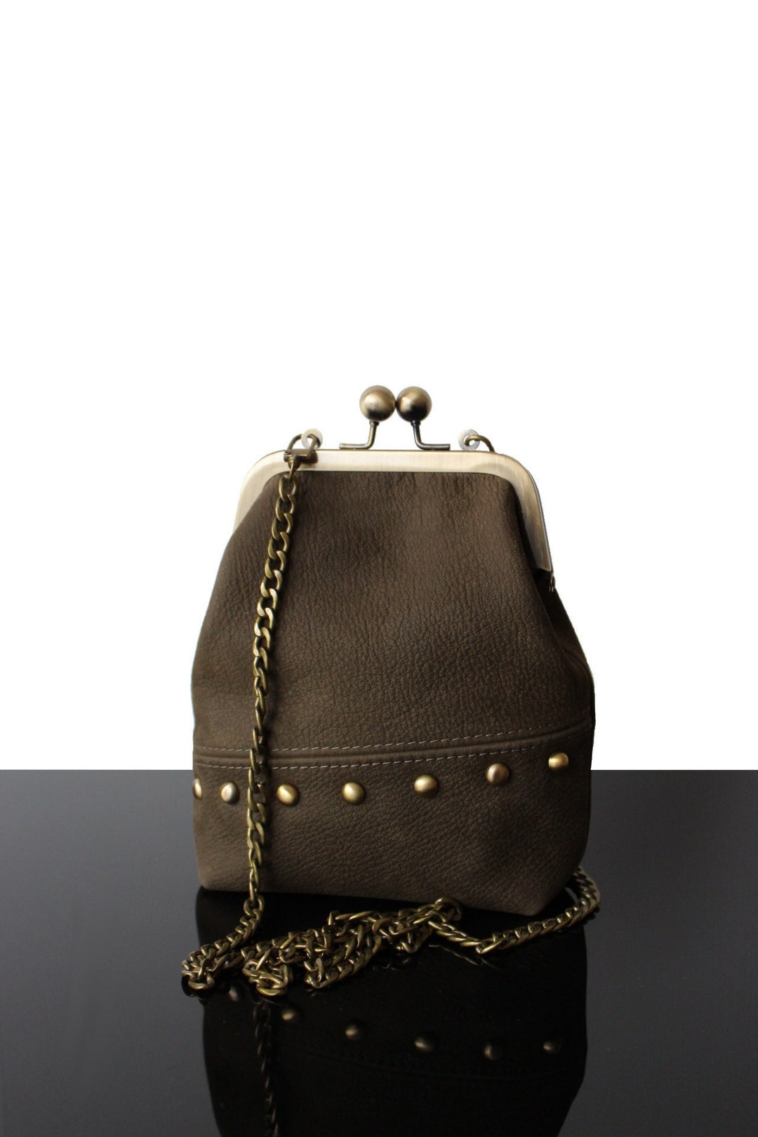 Designer Leather Kiss Lock Bag Khaki Suede Phone Pouch Studded - Etsy