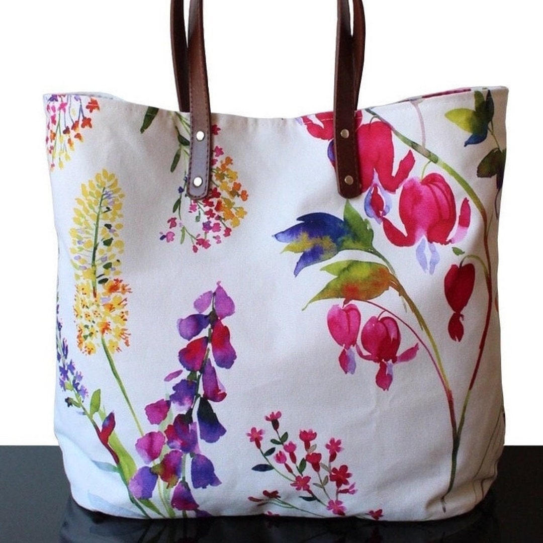 Oversized Tote Bag in Fuchsia Flowers Canvas Linen Bag White Color ...