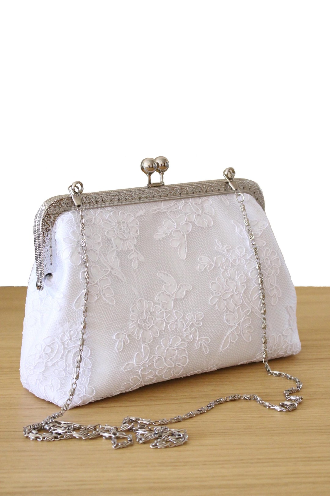 White Bridal Purse Floral Lace Wedding Clutch With Silver Chain ...