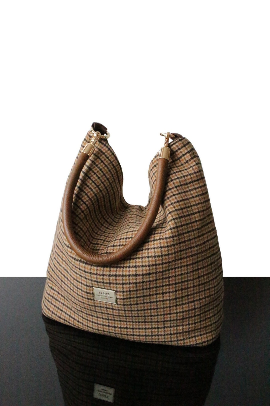 Womans Plaid Wool Bag Shoulder Handbag With Real Leather Bottom Brown ...