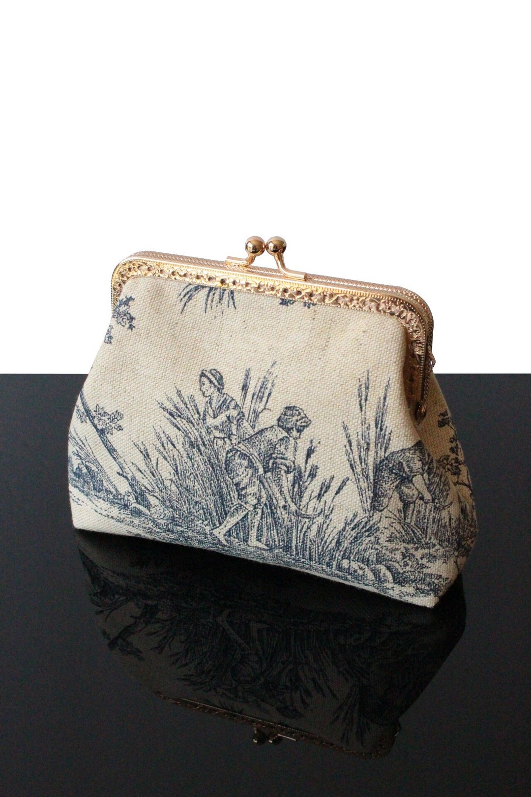 French Toile De Jouy Navy Blue Makeup Bag Vintage Handbag Toile De Jouy ...