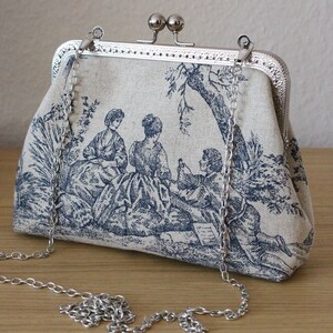 Toile De Jouy Clutch Navy Blue Silver Bridal Purse French Linen Handbag ...