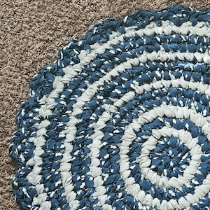 Handmade Rag Rug, Blue Grey Round Upcycled Textile Fabric Art Accent ...