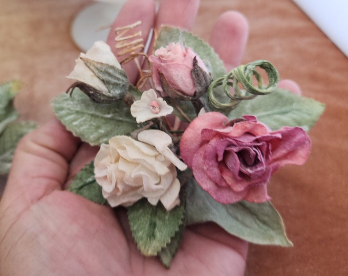Pink Vintage Roses, Millinery Parchment Flower Mini-bouquet, Pink White ...