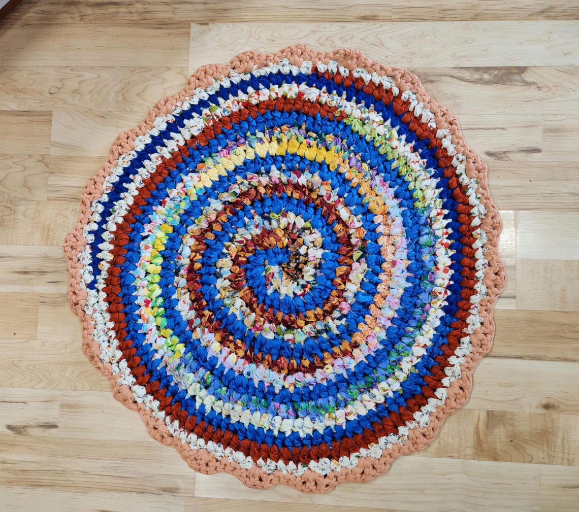 Round Rag Rug, Colorful Handmade Upcycled Textile Art Accent Throw Rug ...
