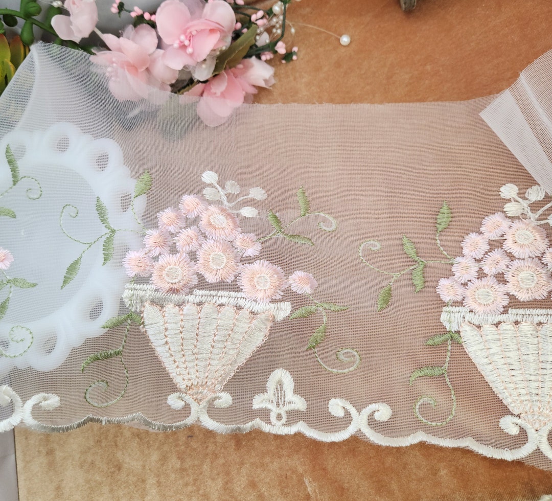 Pink Cream Flower Lace, Embroidered Mesh Floral Trimmings, Pink Cream ...