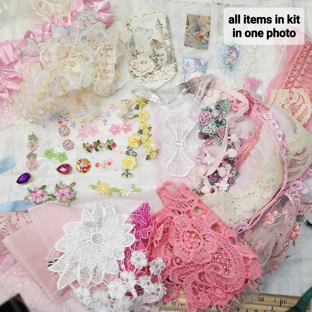 Pink Embellishment Kit, Lace Trim Fabric Pink Mixed Craft Applique Lot ...