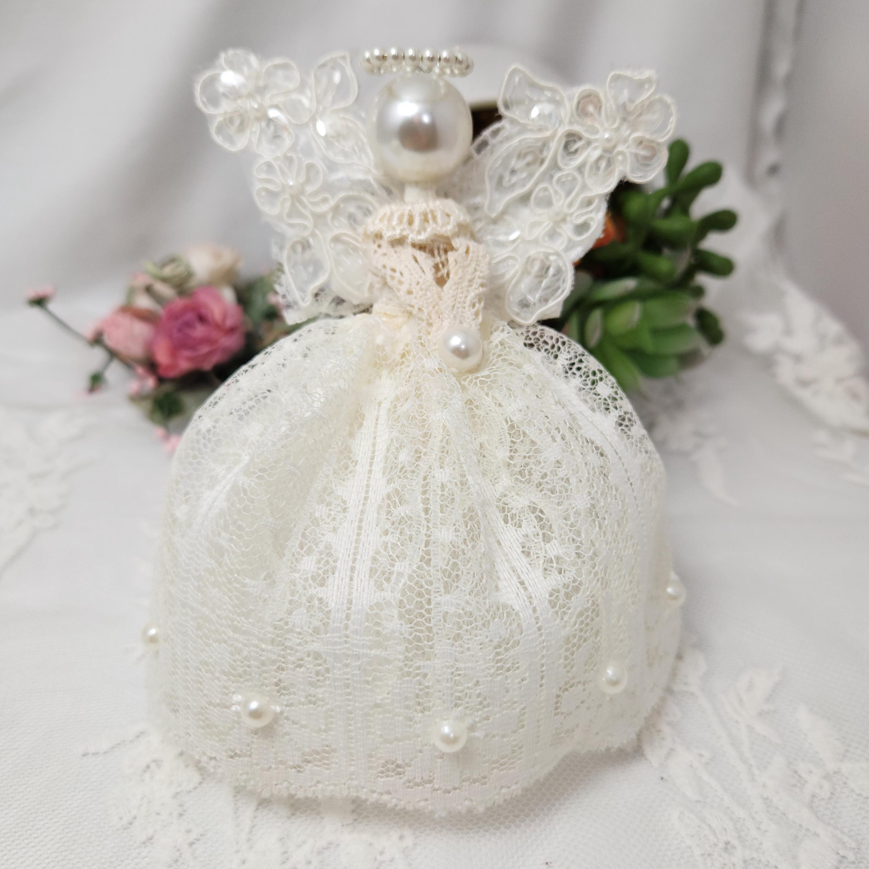 Lace & Pearl Angel Ornament, Creamy Vintage Style Decor for Christmas ...