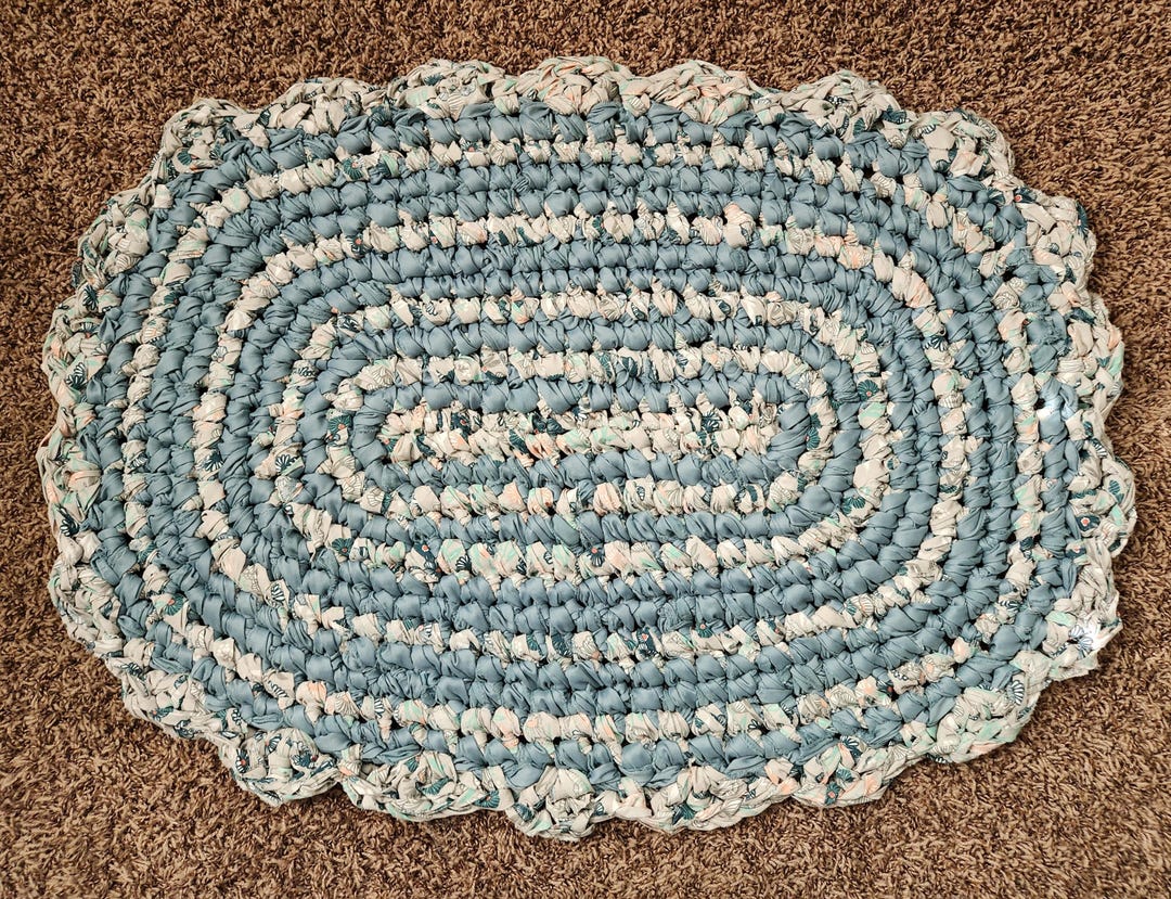 Blue Grey Oval Rag Rug, Handmade Upcycled Textile Fabric Art Accent Rug ...