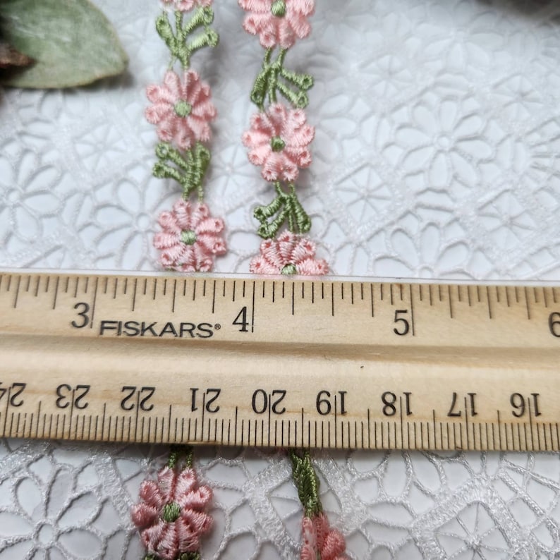 Pink Rococo Daisy Lace, Pink Green Embroidered Floral Trim ...