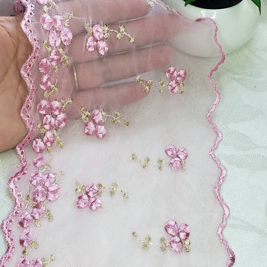 Rose Pink Floral Lace Trim. Sheer Soft Embroidered Flower Rose Bud ...