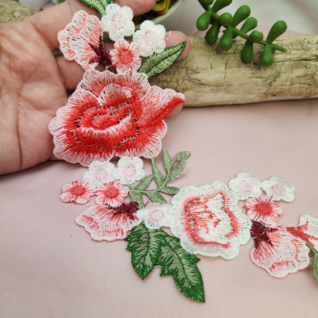 Red Rose Applique, for 1 Piece Embroidered Red White Green Leaves ...