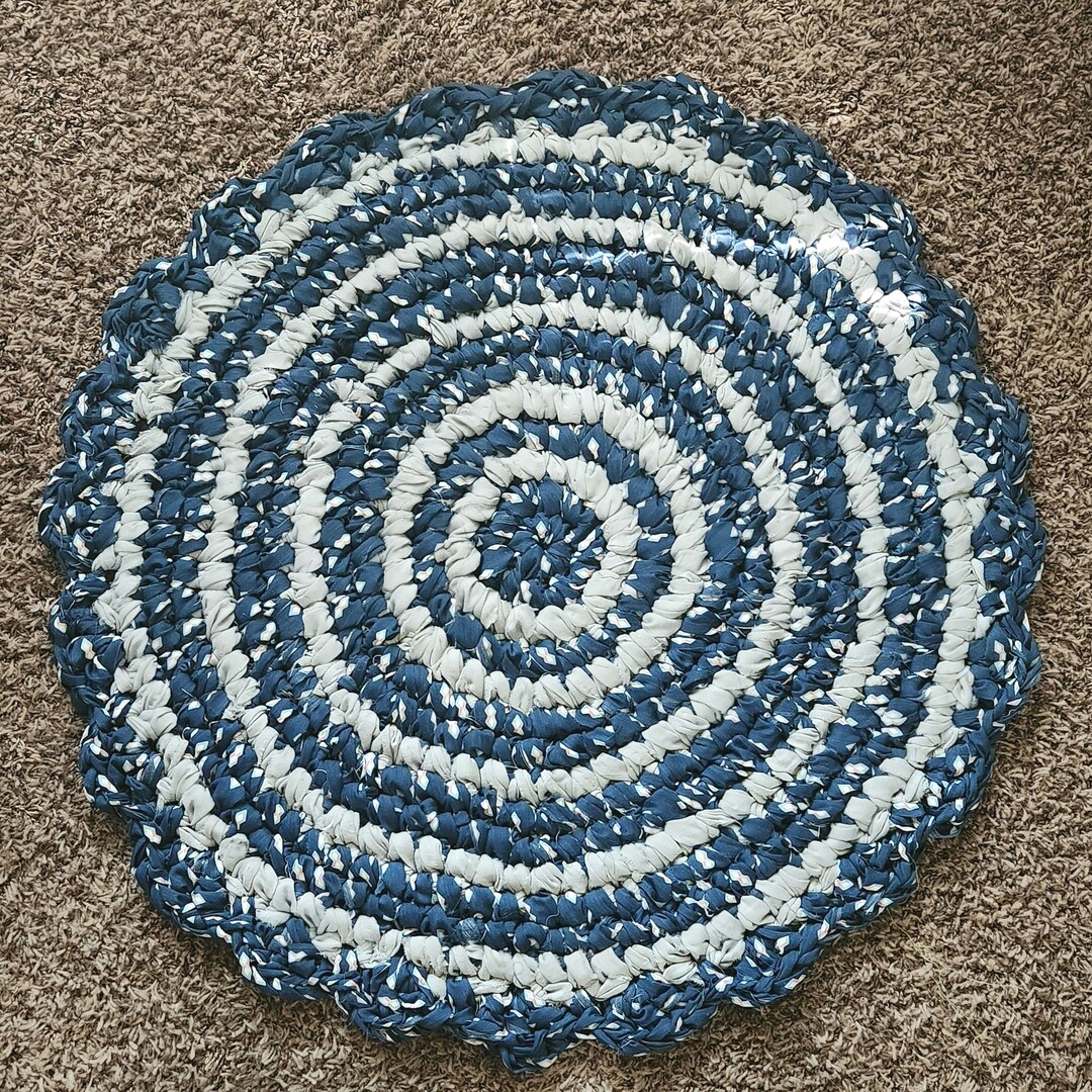 Handmade Rag Rug, Blue Grey Round Upcycled Textile Fabric Art Accent ...