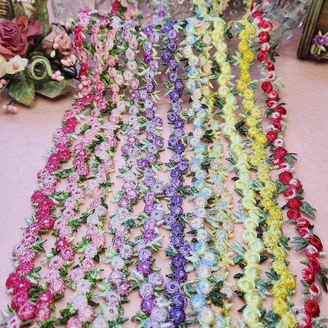 Rococo Floral Rose Trim, Pink Mauve Rose, Blue Yellow Purple ...