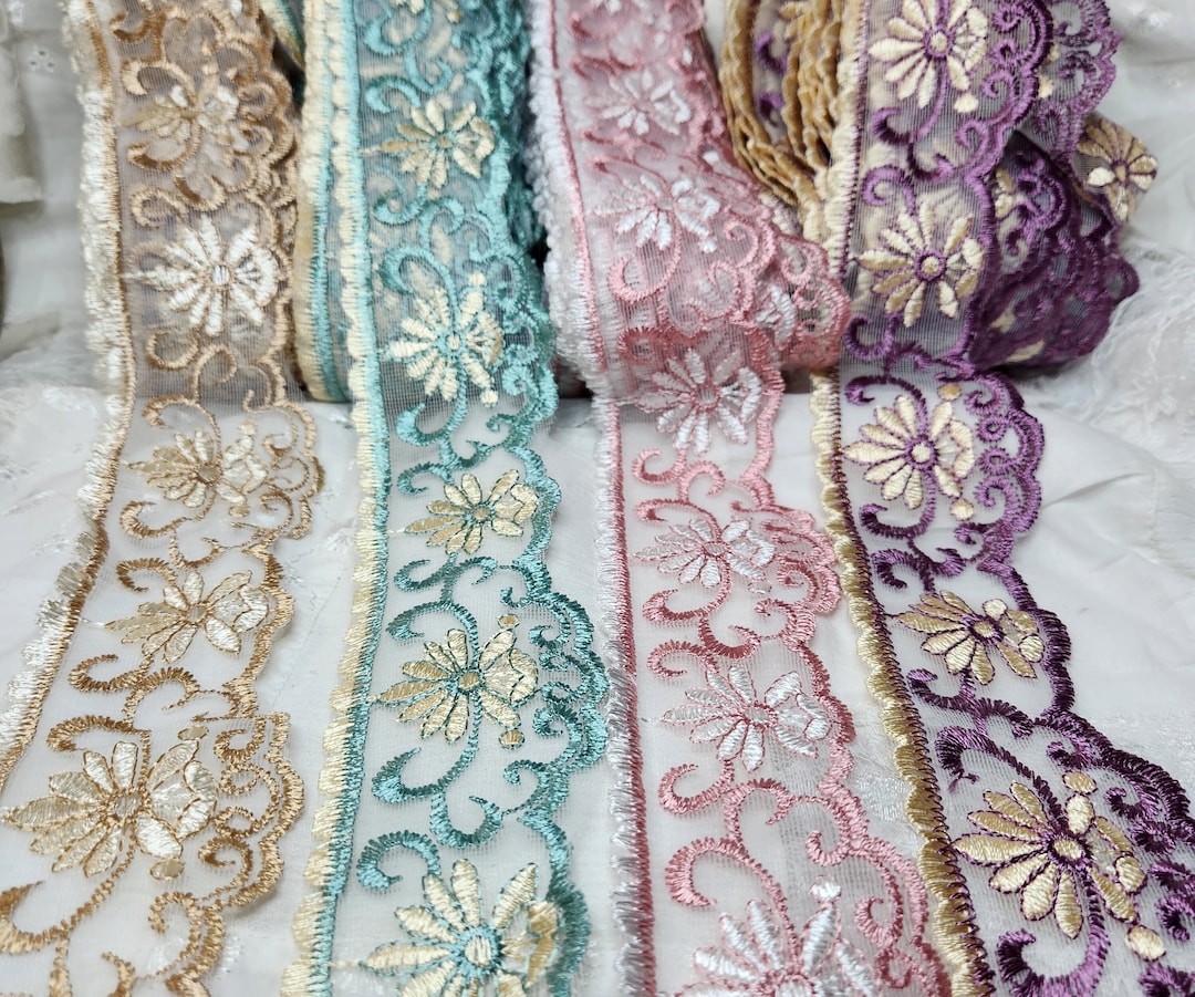 Floral Mesh Lace, Embroidered Sewing Lace Trim Ribbon, Cream With Ecru ...