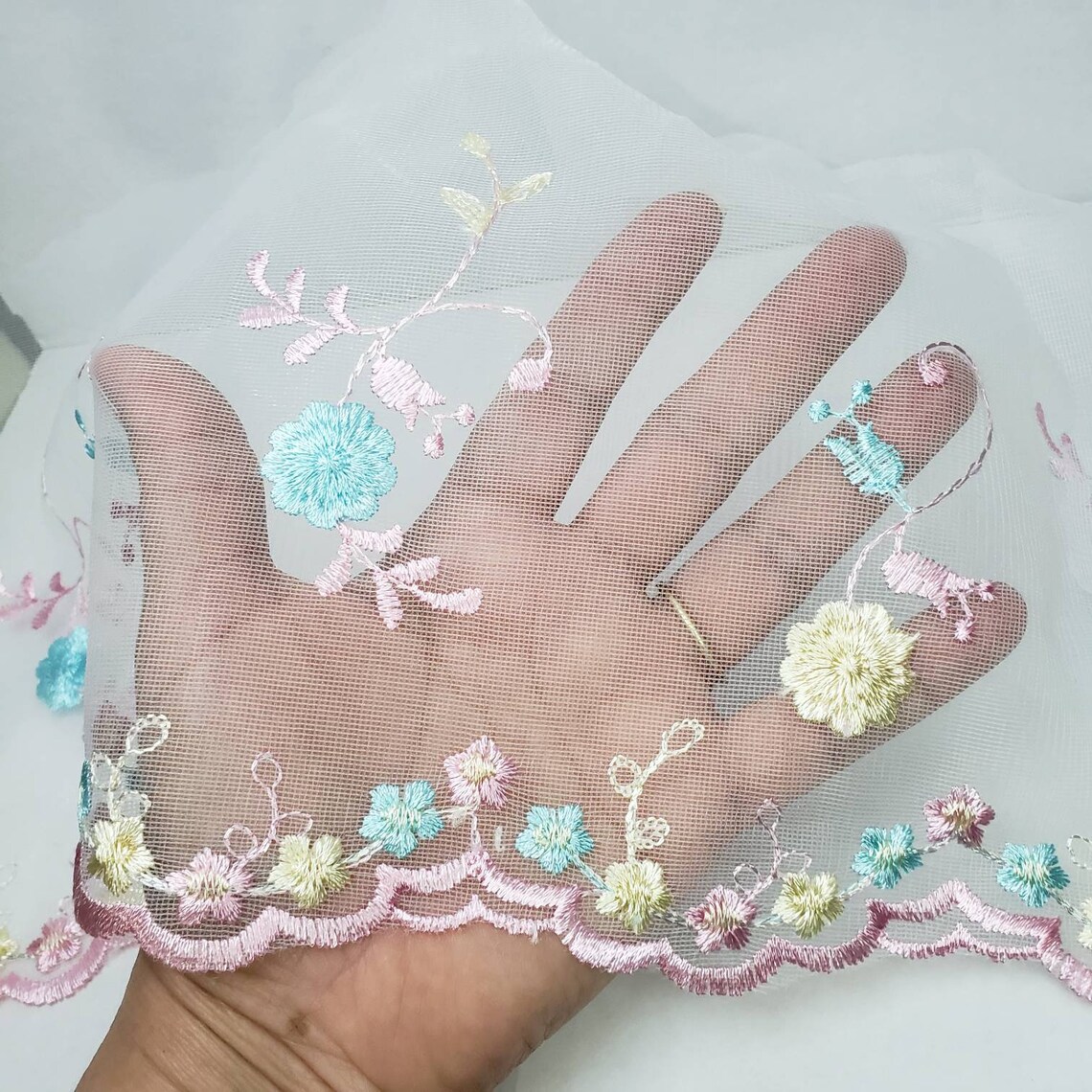 Pastel Embroidered Lace Yellow Pink Blue Wide Sheer Soft - Etsy