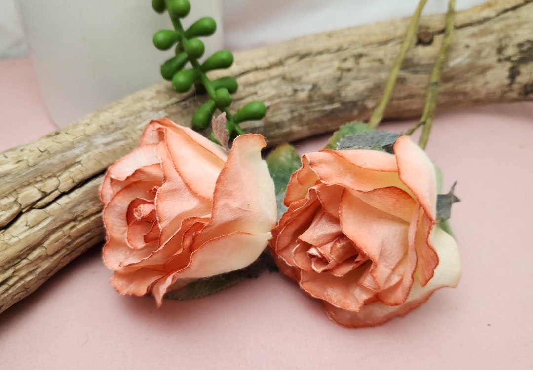 Peach Rose, 2 Pcs of Large Vintage Parchment Rose Stem. Millinery ...