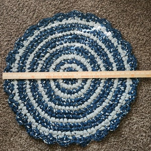 Handmade Rag Rug, Blue Grey Round Upcycled Textile Fabric Art Accent ...