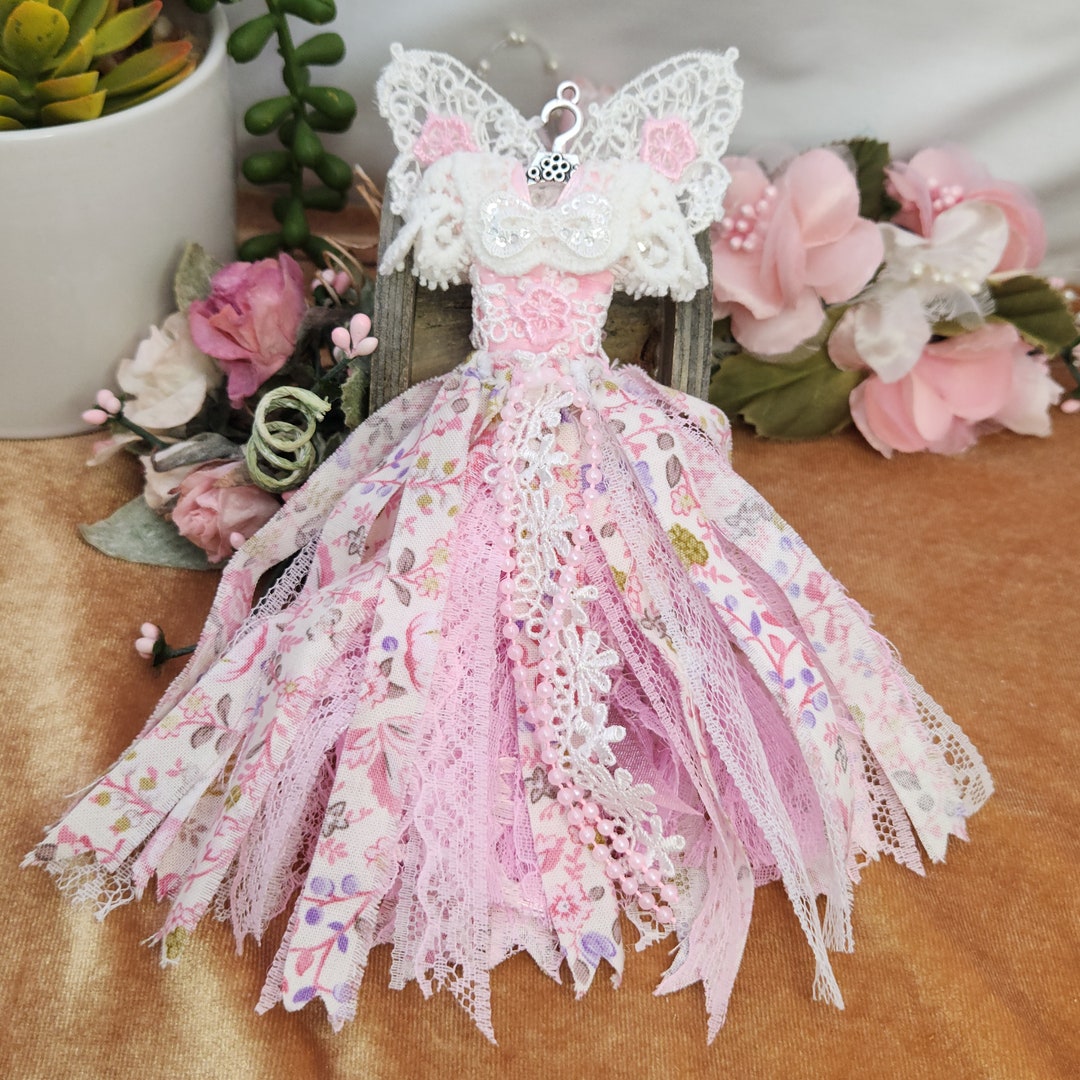 Angel Art Dress Decor, Pink Floral Miniature Rag Christmas Ornament ...
