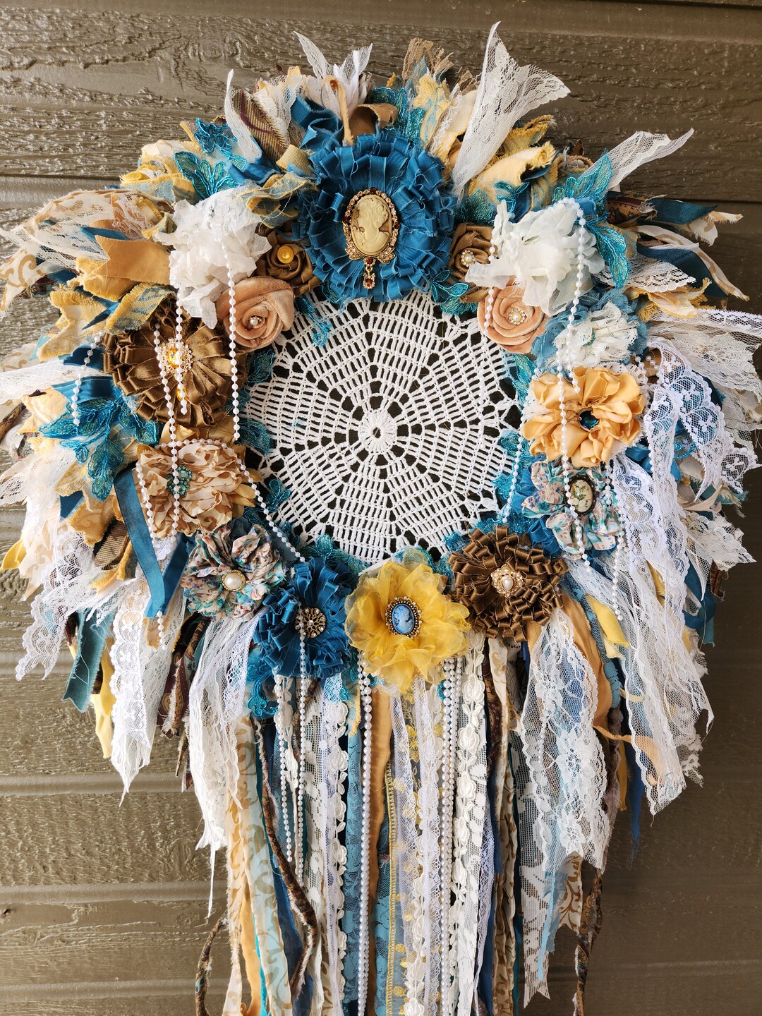 Teal Rag Wreath Wall Hanging, Textile Wall Art in Blue Gold Fabric Lace ...
