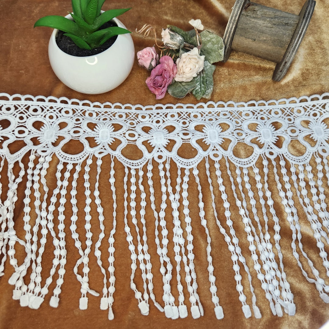 Long Fringe Lace, White Floral Dangle 7.5 Inch Fringe, Sewing Craft ...