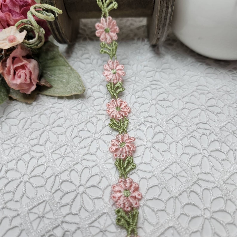 Pink Rococo Daisy Lace, Pink Green Embroidered Floral Trim ...
