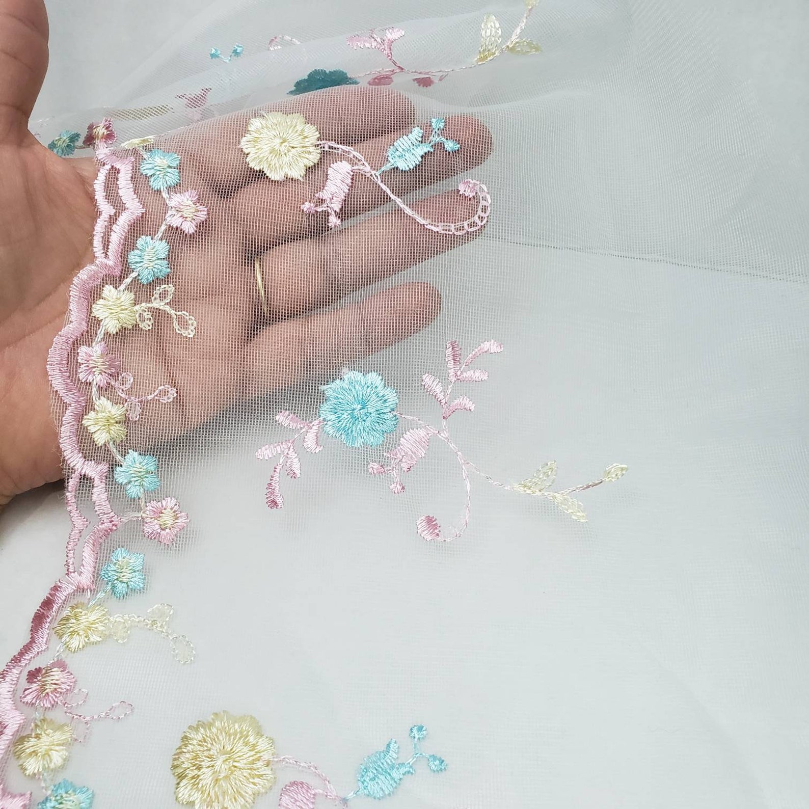Pastel Embroidered Lace Yellow Pink Blue Wide Sheer Soft - Etsy