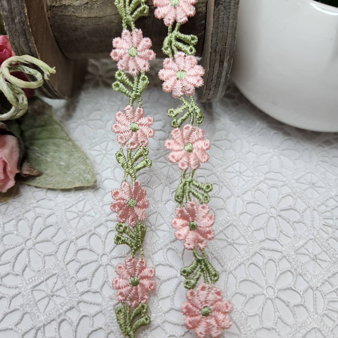 Pink Rococo Daisy Lace, Pink Green Embroidered Floral Trim ...