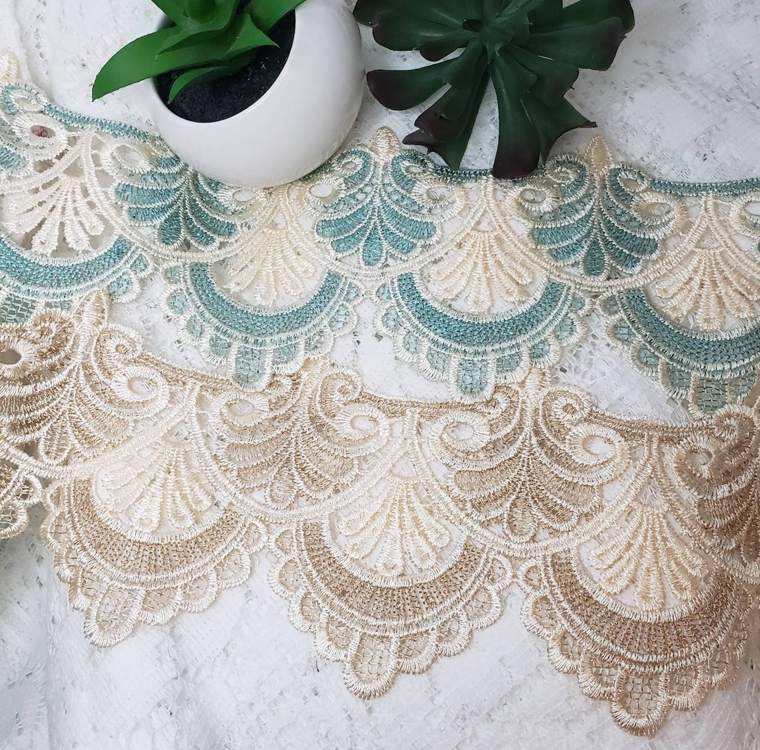 Teal Blue Scallop Trim, Ivory Cream Wide Drapery or Garment Lace ...