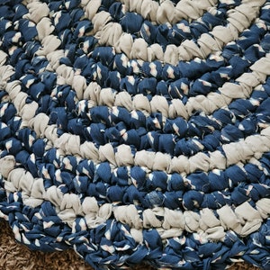 Handmade Rag Rug, Blue Grey Round Upcycled Textile Fabric Art Accent ...