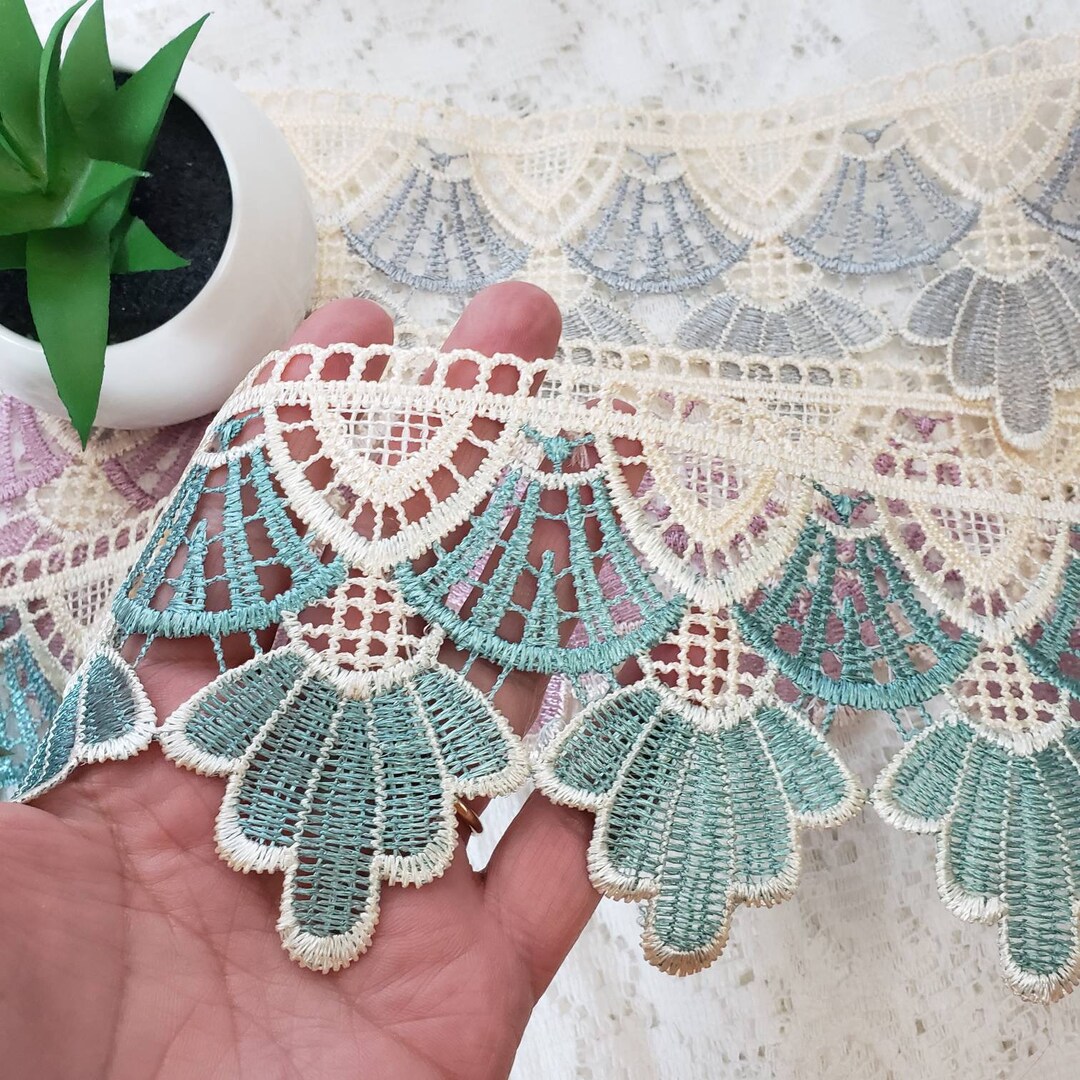 Scallop Geometric Lace, Decorative Trim in Teal Rose Mauve Grey Ivory ...