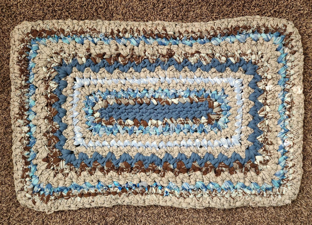 Rectangle Rag Rug, Beige Blue Brown Handmade Upcycled Textile Fabric ...
