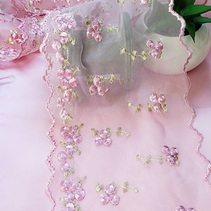 Rose Pink Floral Lace Trim. Sheer Soft Embroidered Flower Rose Bud ...