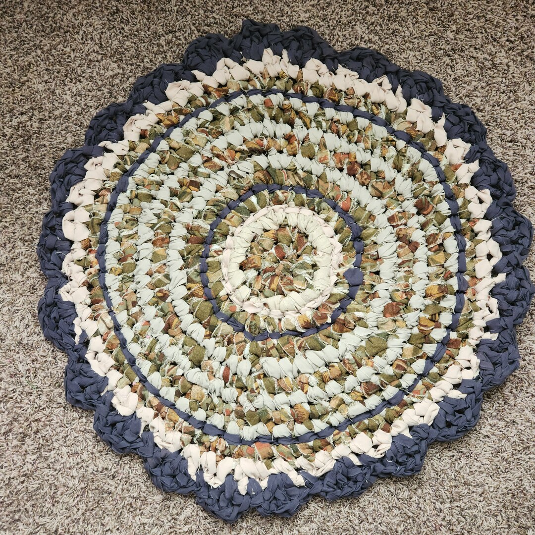 Round Rag Rug, Handmade Upcycled Black Brown Beige Circular Throw Rug ...