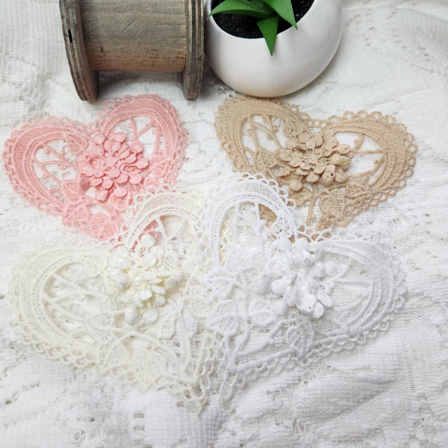 Lace Heart Applique, Set of 2 - Cream, Ecru, White Rose Coral Pink 4 ...