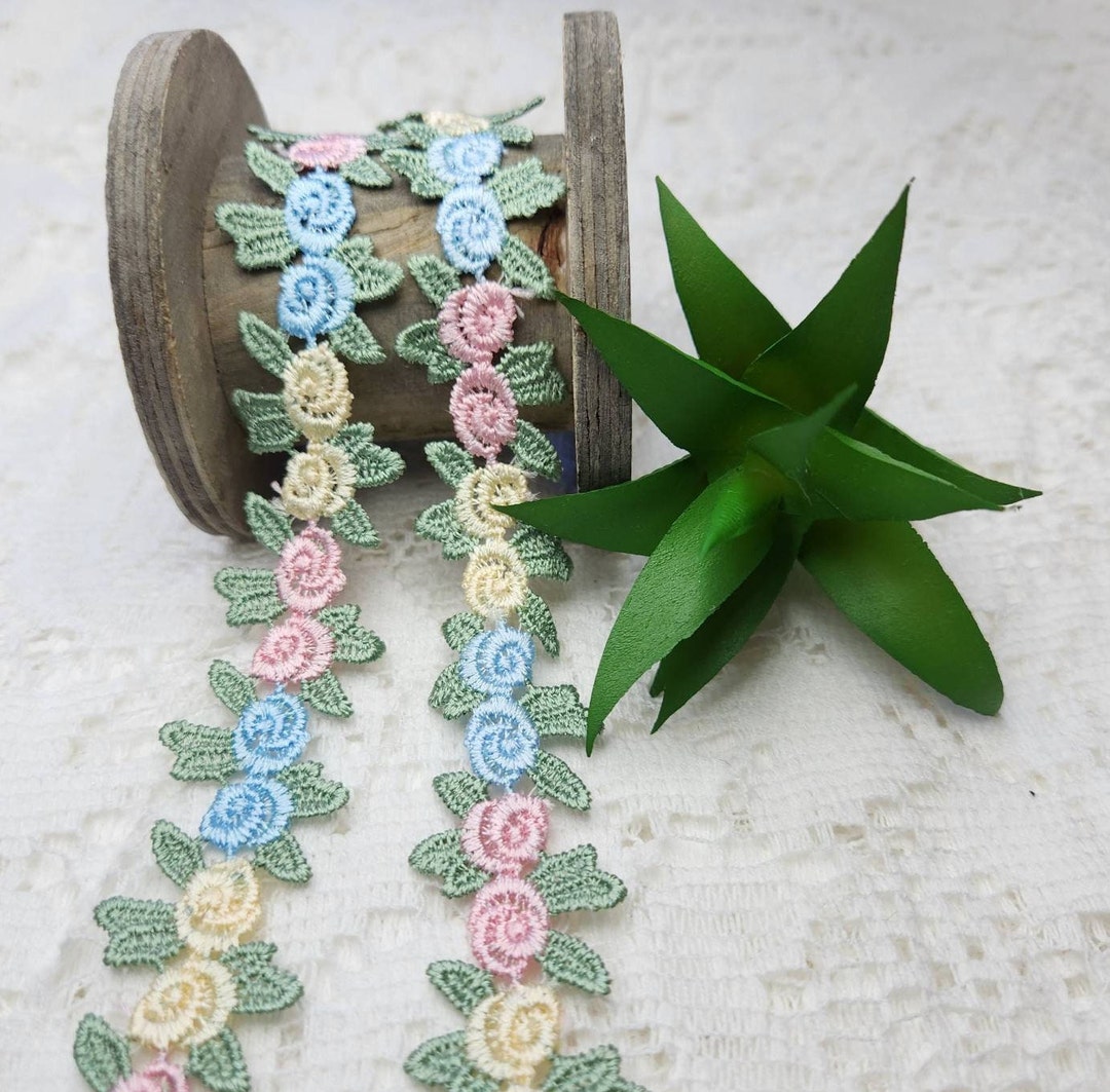 Pastel Rococo Rose Trim, Blue Pink Yellow Green Embroidered Flower Lace ...