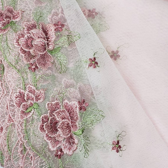 Dusty Rose Sheer Lace Embroidery Pink Green Wide Sheer Soft - Etsy