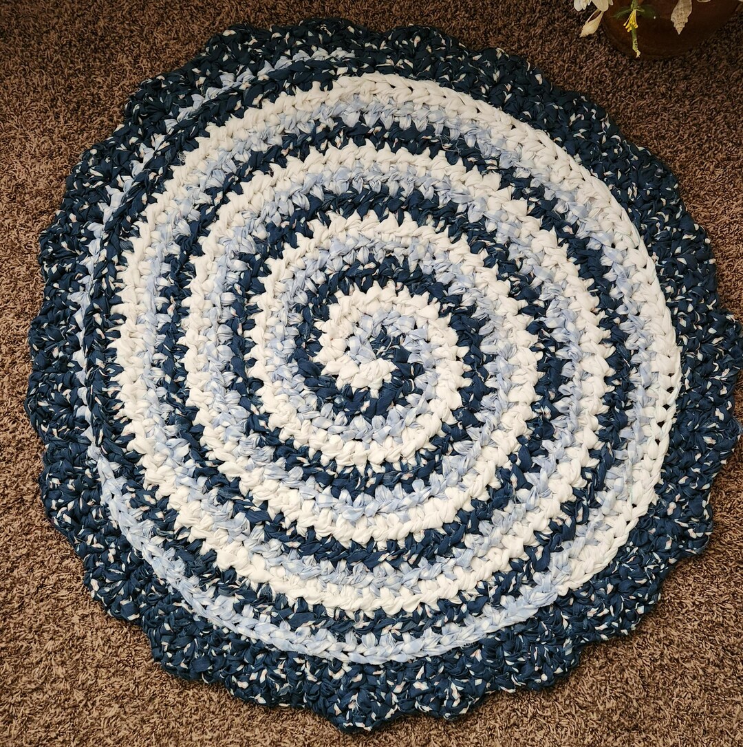 Blue Rag Rug, Royal Blue Swirl Spiral Stripe Design Handmade Upcycled ...