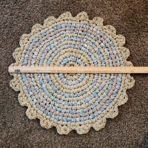 Handmade Rag Rug, Beige, Blue, Rose Round Upcycled Textile Fabric Art ...