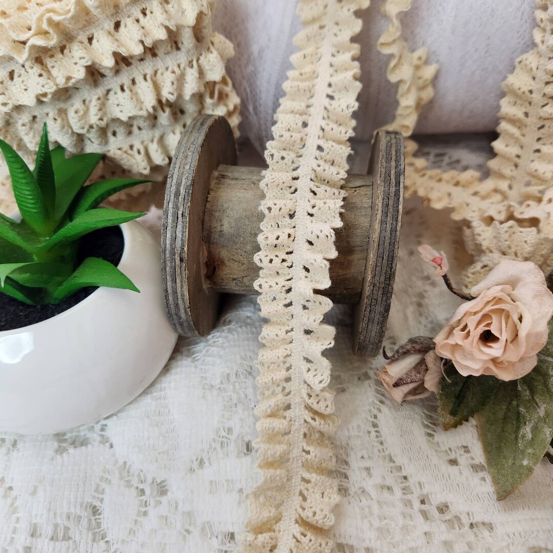 Cotton Ruffle Lace, Natural Stretch Trim, 1 Inch Wide Pleated Stretch ...
