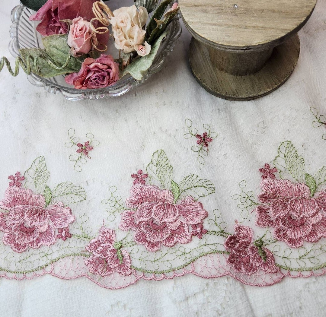 Dusty Rose Sheer Lace, Embroidery Pink Green Wide Soft Net Floral ...