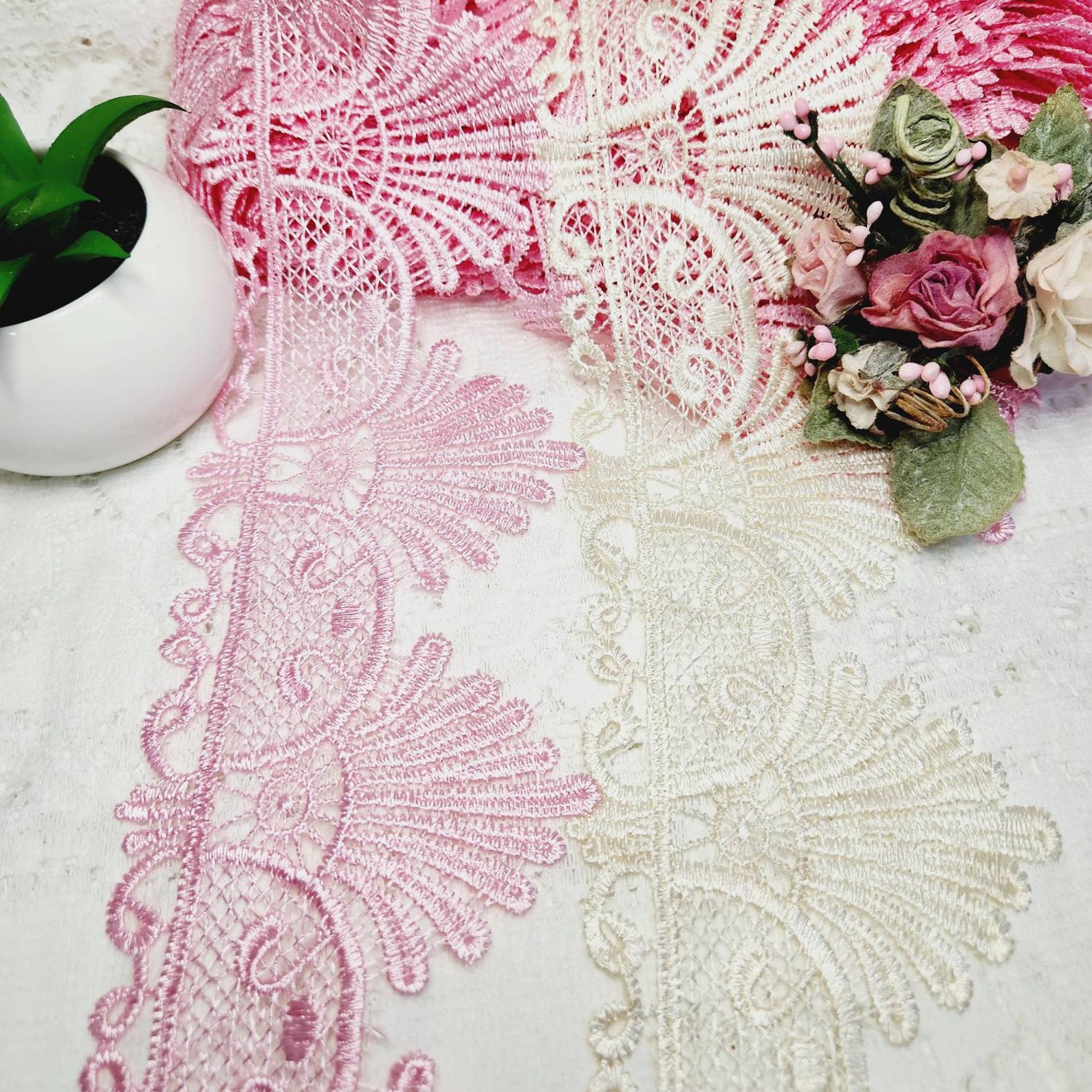 Wide Scallop Lace, Pink Cream Sewing Craft Supplies for Upholstery Lamp ...