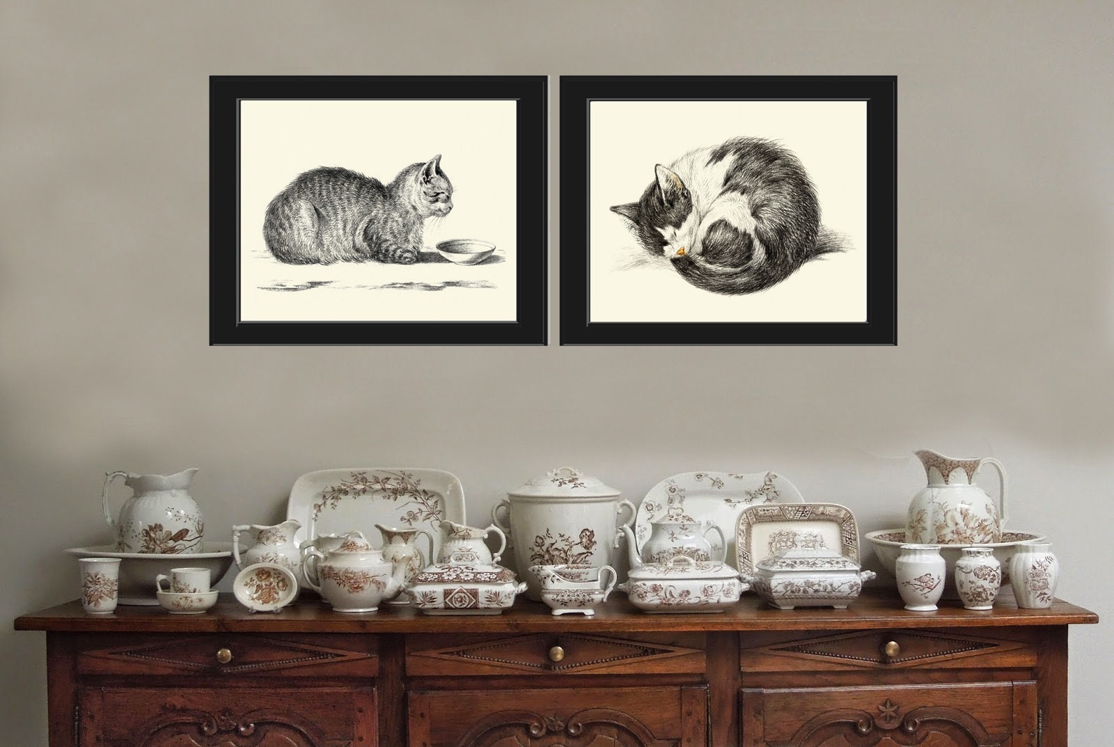 Cat Cute Animal Prints Wall Art Set of 2 Print Beautiful | Etsy