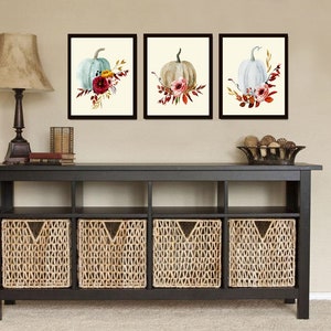 Pumpkin Prints Botanical Wall Art Set of 3 Beautiful Blue Ivory White ...