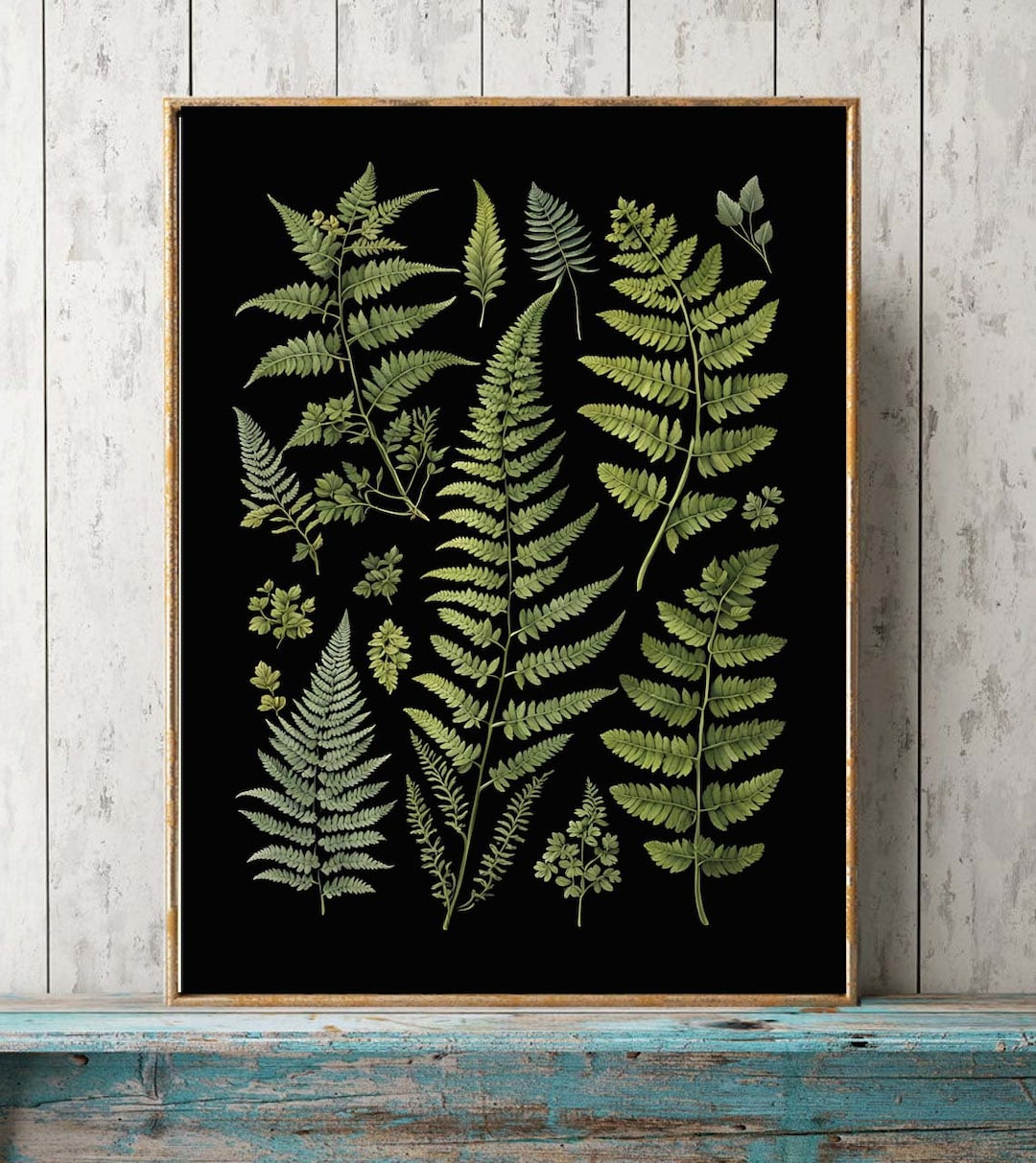 Fern Wall Art Print Home Decor Chart Beautiful Green Botanical on Black ...