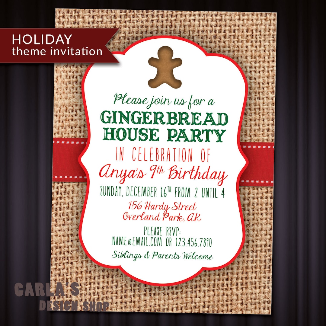 Christmas and Holiday Invitation With Gingerbread and Red + Green Theme ...