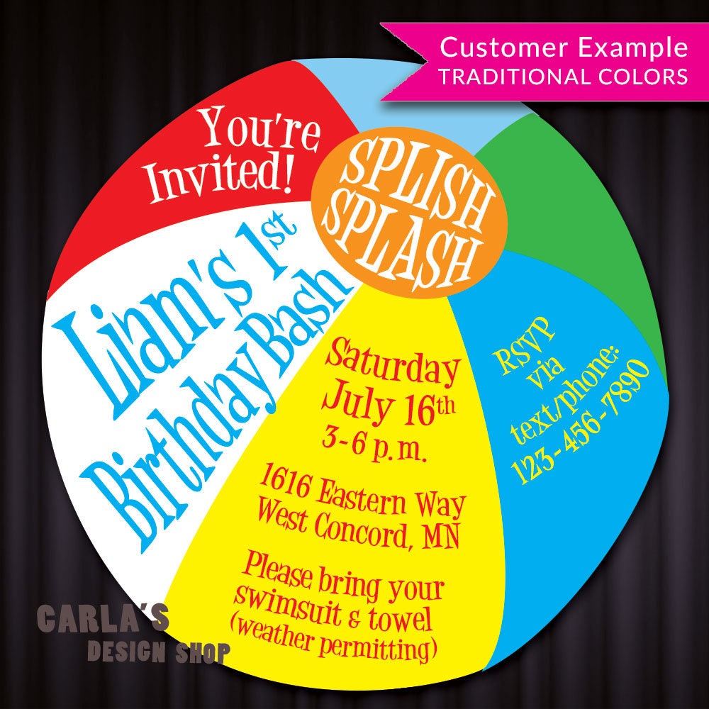 ROUND Beach Ball PRINTABLE Birthday or Pool Party Invitation! Fun ...
